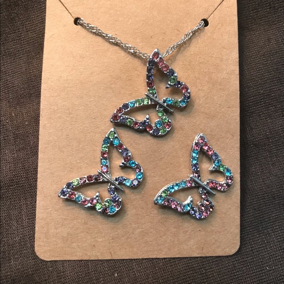 Jewelry | Colorful Gold Colored Butterfly Necklace Earrings Set | Poshmark